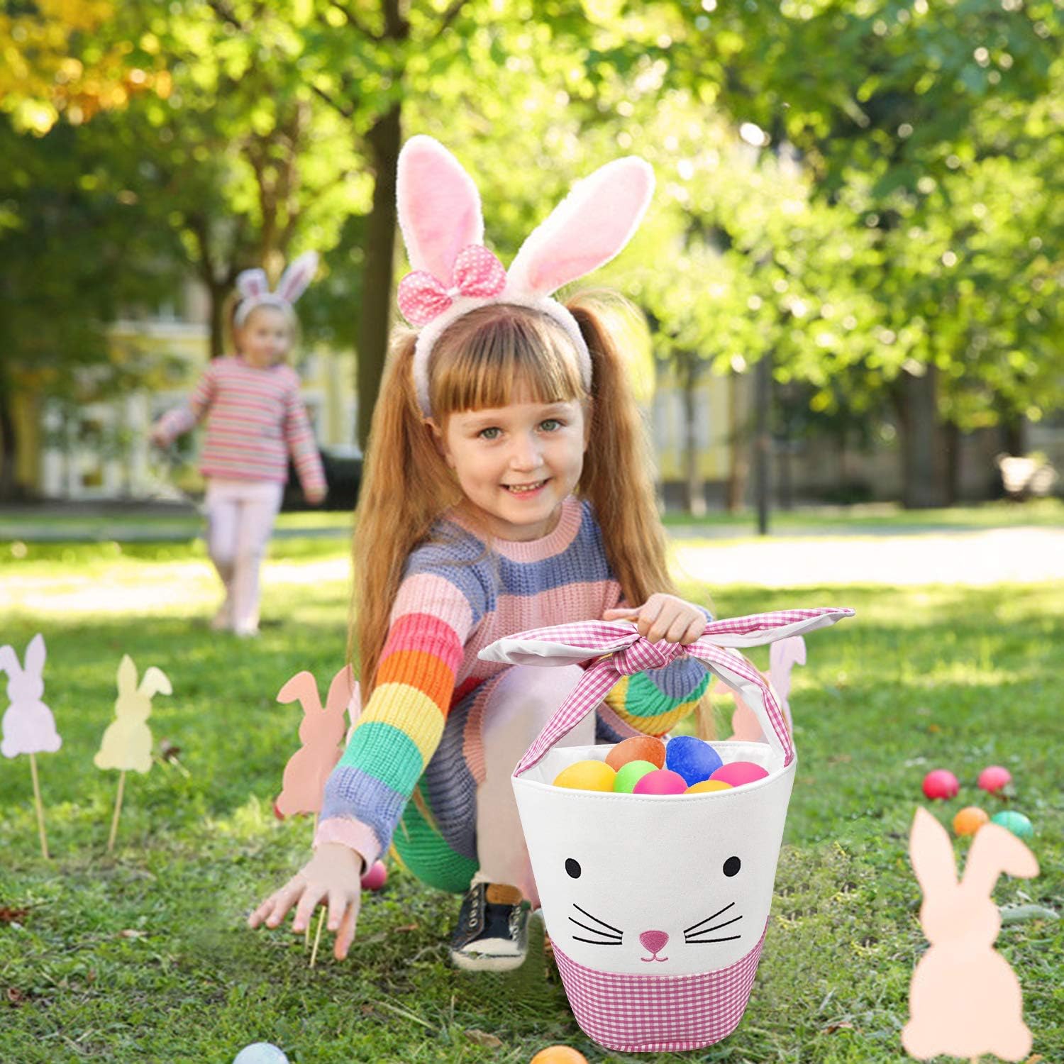Leesgel Bunny Easter Basket for kids, Easter Basket for Girls Boys Easter Baskets with Handle Easter Bucket Gift Baskets for Kids Easter Basket Bags Party Favors for Kids (Pink)