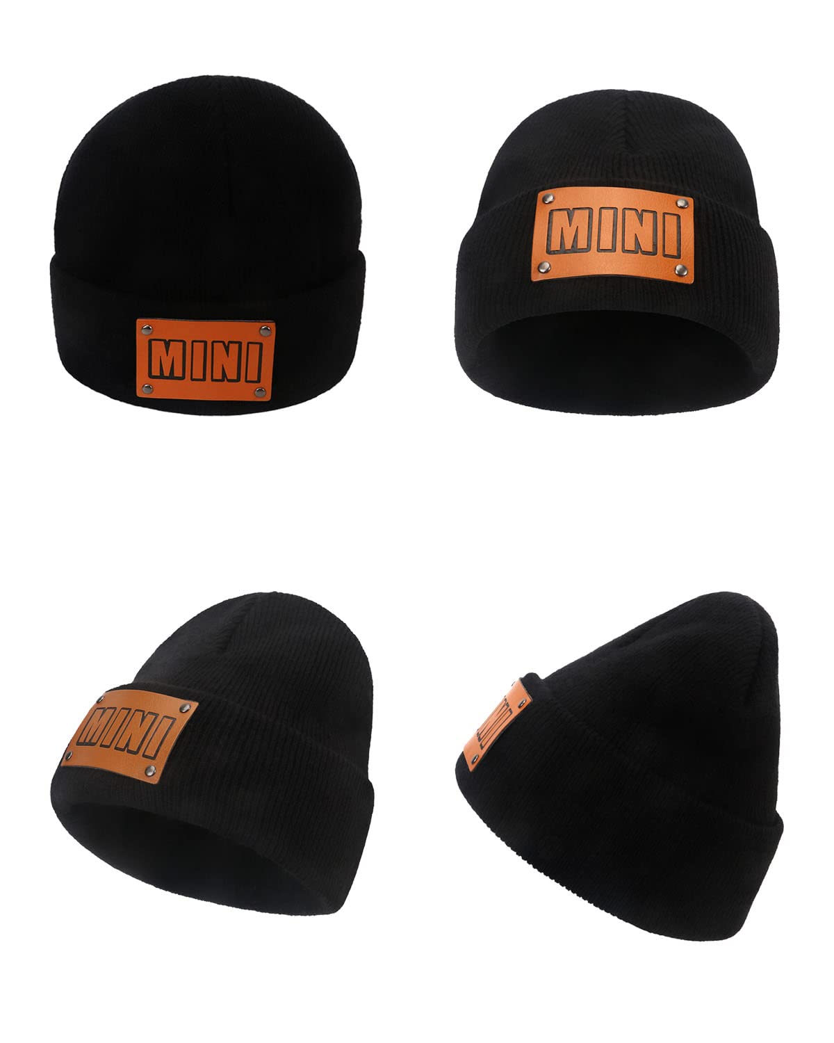 2PCS Parent-Child Beanie Hat Mama and Mini Leather Patch Knitted Hat Winter Warm Cuffed Ski Cap Black