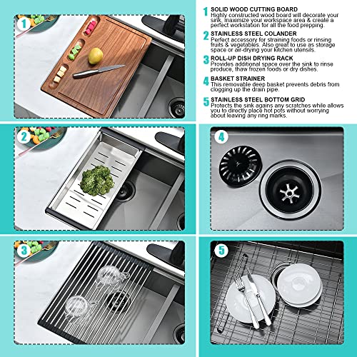 33 Black Undermount Kitchen Sink Workstation - iAnomla 33 x19 Inch Black Kitchen Sink Undermount Sink 16 Guage Stainless Steel Ledge Workstation 60/40 Double Bowl Kitchen Sink with Cutting Board