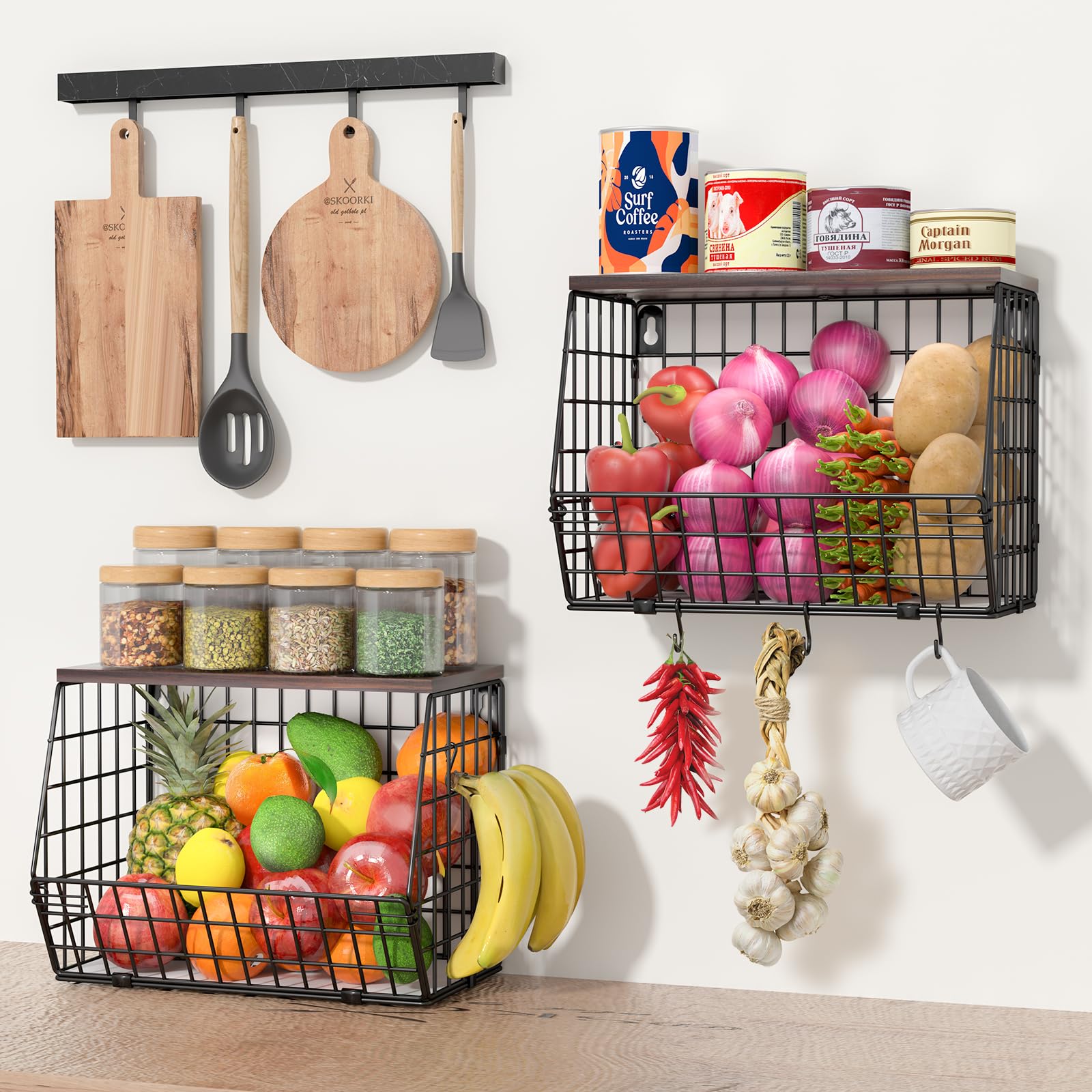 2 Tier Fruit Bowl Fruit Basket for Kitchen Counter Stackable Wall Mounted Hanging Basket Wire Baskets with Wood Lid with 4 Banana Hanger Hooks, Onion Basket, Fruit and Vegetable Storage