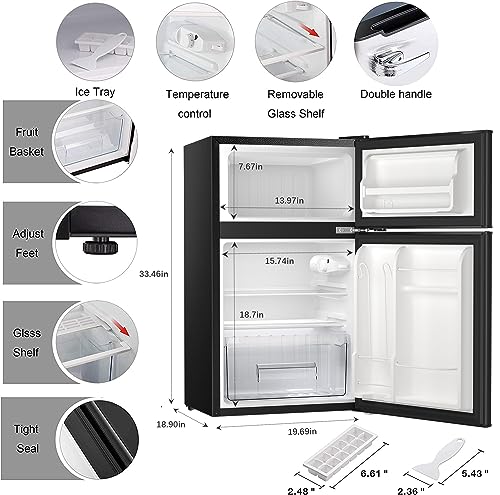 Antarctic Star Compact Mini Refrigerator Separate Freezer, Small Fridge Double 2-Door Adjustable Removable Retro Stainless Steel Shelves Garage Camper Basement/Dorm/Office 3.2 cu ft.Black
