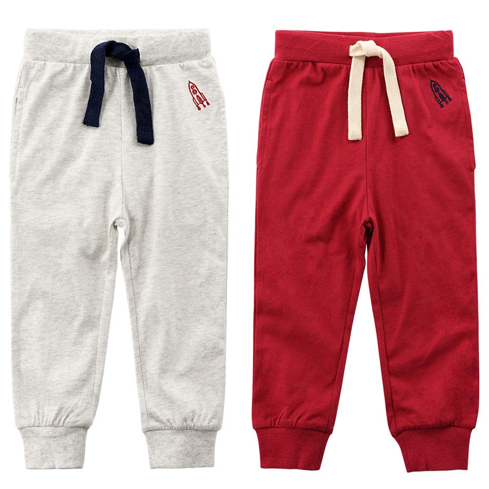 QGAKAGO Toddler Baby Boys Girls Active Jogger Pants Cotton Pure Color Rocket Sweatpants with Drawstring 1-6T (18-24 Months,2 Pack(Light Grey+Red))