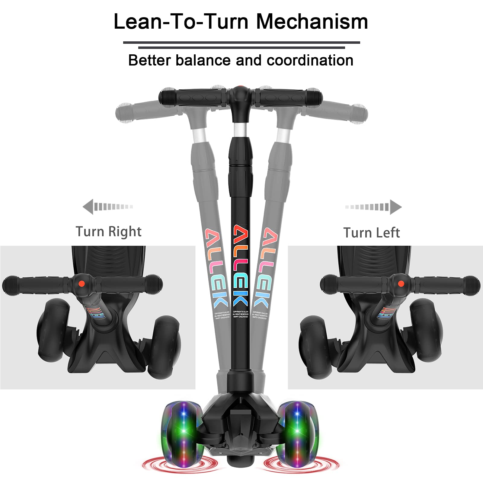 Allek Kick Scooter B03, Lean 'N Glide 3-Wheeled Push Scooter with Extra Wide PU Light-Up Wheels, Any Height Adjustable Handlebar and Strong Thick Deck for Children from 3-12yrs (Black)