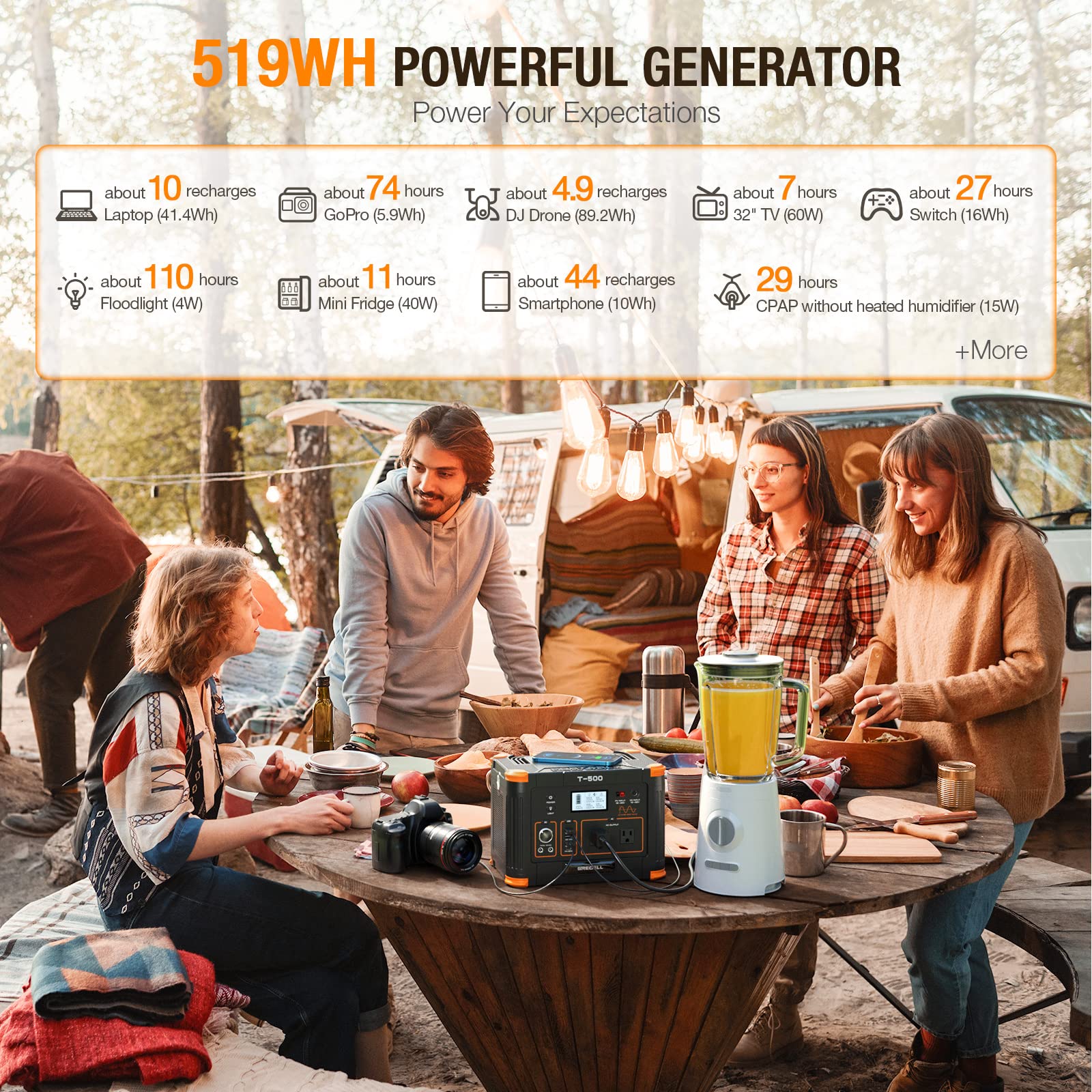 519Wh Outdoor Solar Generator with 100W Portable Solar Panel 20V, Portable Power Station 500W(Peak 1000W) Backup Battery Pack Solar Kit for RV/Van Camping Fishing Climbing Road Trip Home Emergency