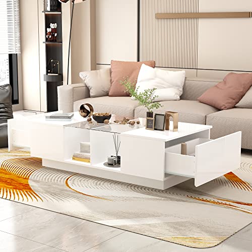 ECACAD Modern LED Coffee Table with Drawers & Open Compartments, Rectangle Coffee Center Table with Glass Top for Living Room, Bedroom, White (47.4" W x 23.6" D x 13.9" H)
