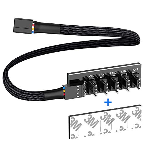 RISHTEN Motherboard PWM Fan Hub Splitter, 4 Pin Black Sleeved 5 Way PC CPU Cooling Case Fan Extension Splitter Adapter Cable 40cm/15.7inch for Computer Cooler Case Fans