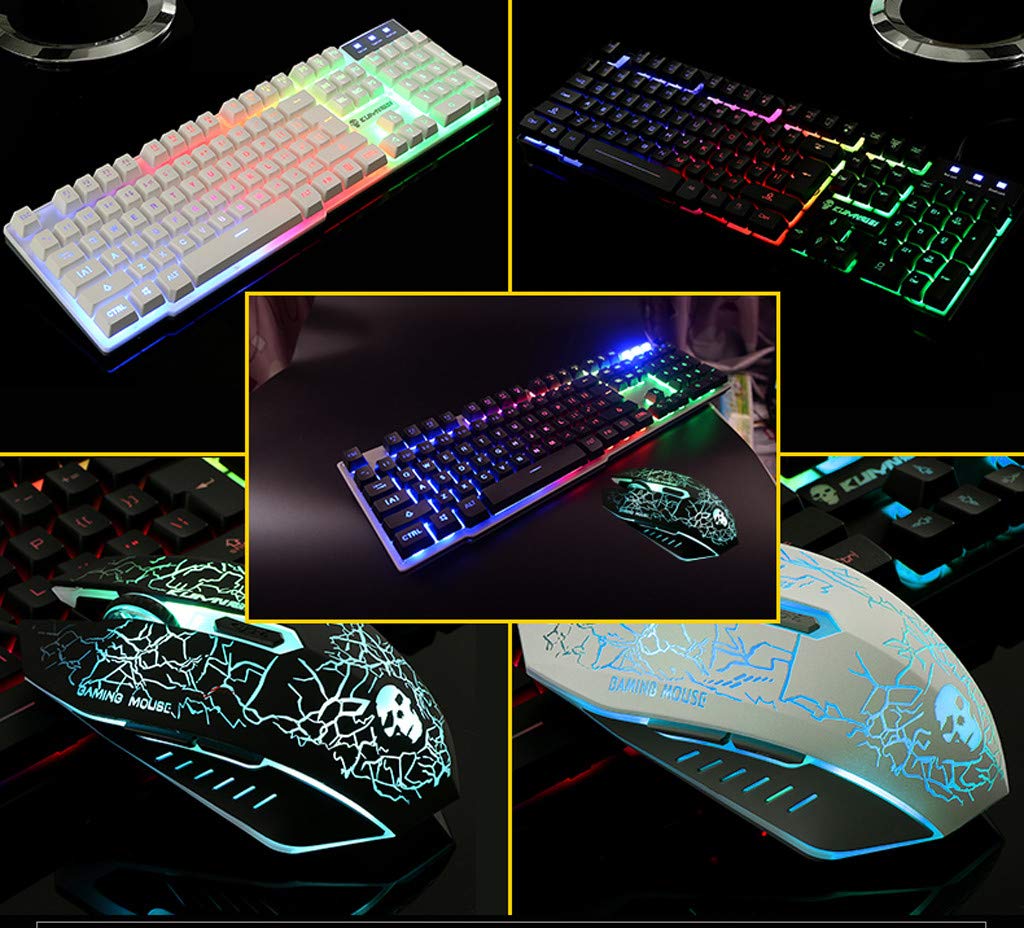 Axiba Waterproof Gaming Keyboard Mouse Sets USB Wired 104 Keys Skull Rainbow LED Backlit Multimedia Ergonomic Gamer Keyboard 2400DPI 6 Buttons Optical Professional Game Mice + Mouse Pad (Skull White)