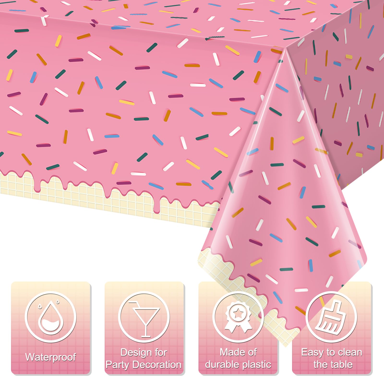 3Pcs Sprinkle Donut Tablecloth, Pink Ice Cream Table Cloth Disposable Plastic Rectangle Table Covers for Baby Girl Sweet One Birthday Donut Grow Up Donut Themed Party Decorations, 54 X 108 Inch
