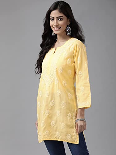 Ada Indian Hand Embroidered Chikankari Women's Cotton Top Tunic Shirt Blouse A911127 (XS, Yellow)