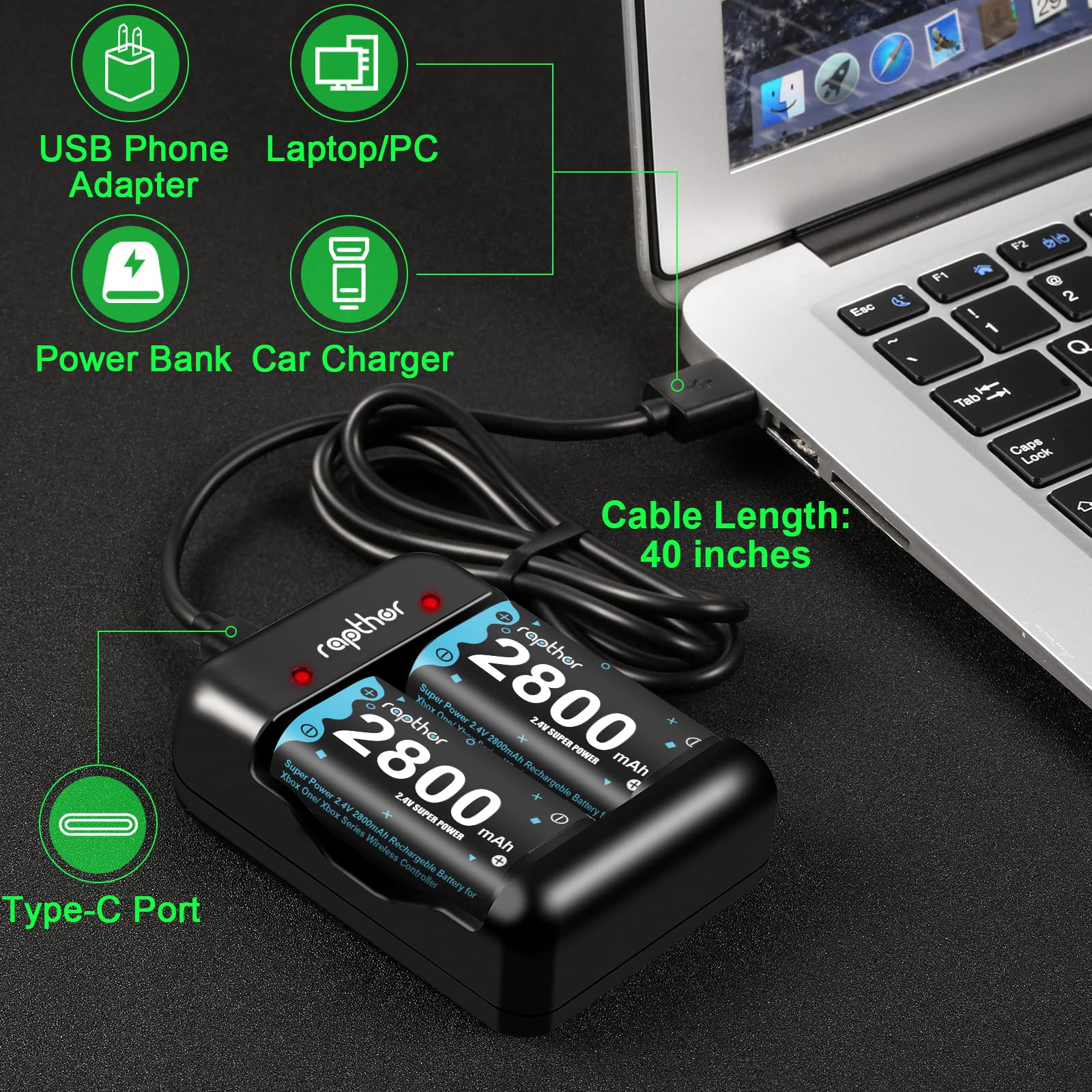 2800mAh Rechargeable Battery Pack for Xbox, Rapthor 3X 2800mAh High Capacity Controller Battery Pack with Fast Charger for Xbox One/Xbox Series X|S/Xbox One S|X|Elite (3 Battery Packs+1 Charger)