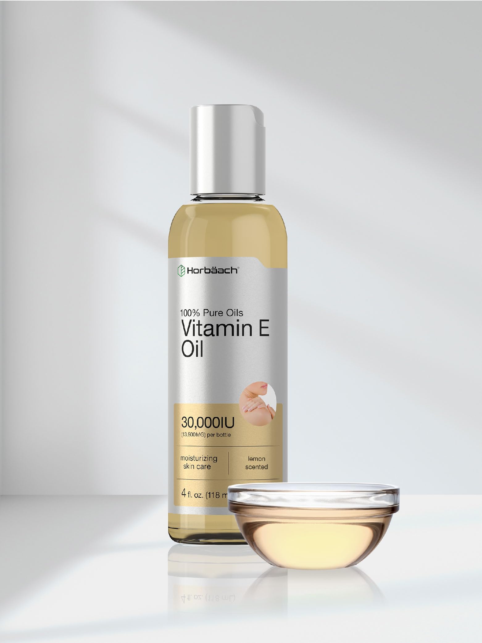 Horbäach Vitamin E Oil For Skin 30,000 IU | 4 fl oz | 100% Pure Oils | Moisturizing Skin Care | Non-GMO, Vegetarian | Lemon Scented