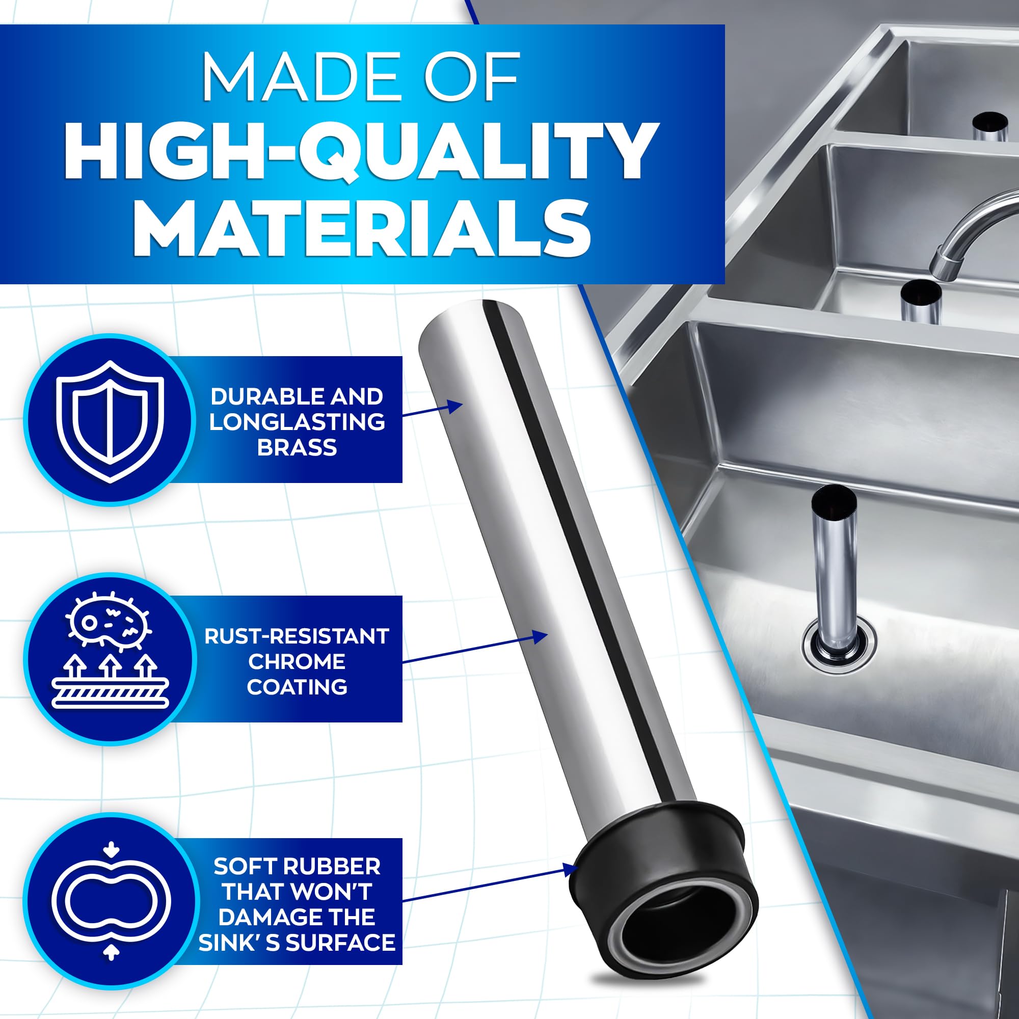 3Pcs Stainless Steel Sink Overflow Pipe - 7.48" 3 Compartment Sink Stopper Pipe Overflow for 1.75" Drains Bar Sink Stoppers with Overflow Pipe - Sink Stopper Pipe Kitchen Sink Drain Stopper Drain Pipe