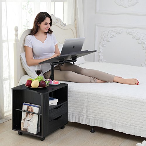 Emall Life Upgraded Multifunctional Height Adjustable Overbed End Table Wooden Nightstand with Swivel Top, Storage Drawers, Wheels and Open Shelf, 3 ColorsĀ (Black Walnut)