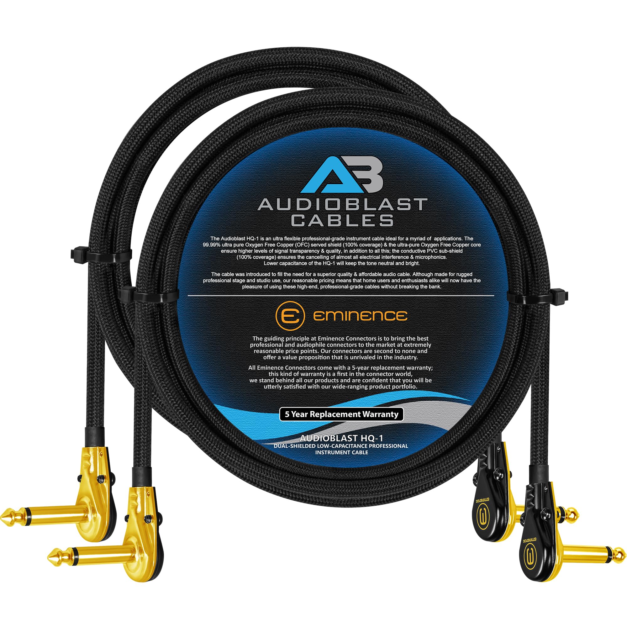 2 Units - 2 Foot - Audioblast HQ-1 - Ultra Flexible - Dual Shielded (100%) - Instrument Effects Pedal Patch Cable w/Low-Profile, R/A Gold Pancake TS (6.35mm) Plugs & Dual Staggered Boots