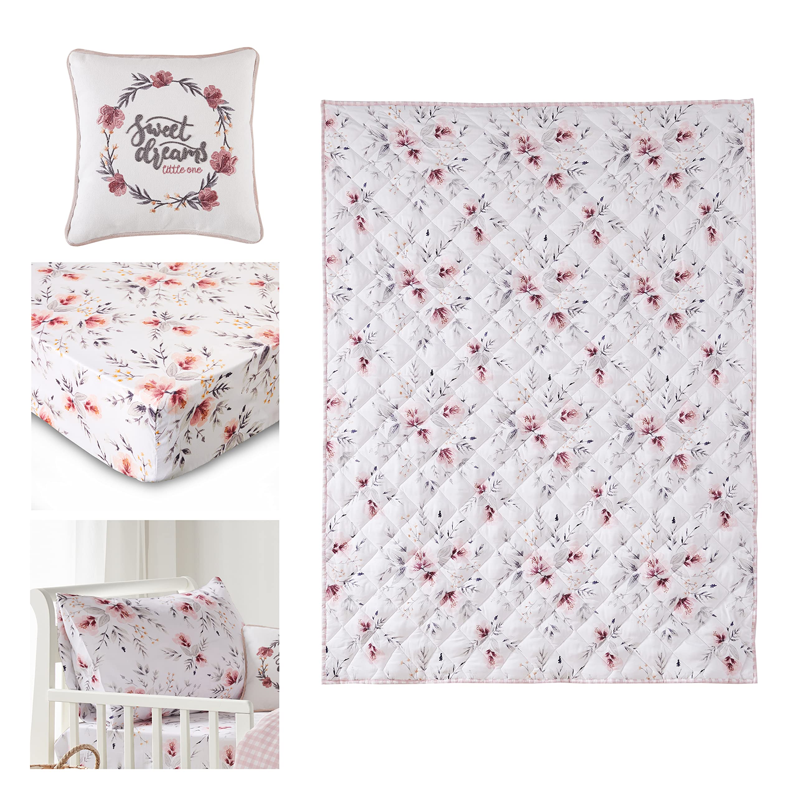 Levtex Baby - Adeline Toddler Bed Set - Blush, Pink, Grey and White - Classic Floral - 5 Piece Set Includes Reversible Quilt, Fitted Sheet, Flat Sheet, Pillow Case, Decorative Pilow