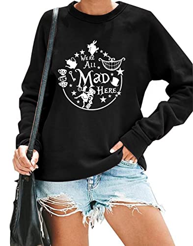 Alice in Wonderland Sweatshirt Women Vintage Mad Hatter Shirt Magic Kingdom Pullover Vacation Long Sleeve Tops Black