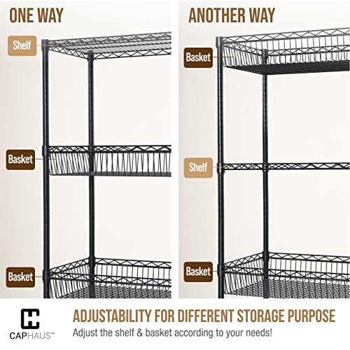 CAPHAUS NSF Adjustable 5 Tier Wire Shelving Unit w/Basket & Liner, Metal Storage Rack Corner Shelves, Storage Rack for Kitchen, Bathroom, Laundry Closet, Metal Wire Shelving w/Basket Shelves Black