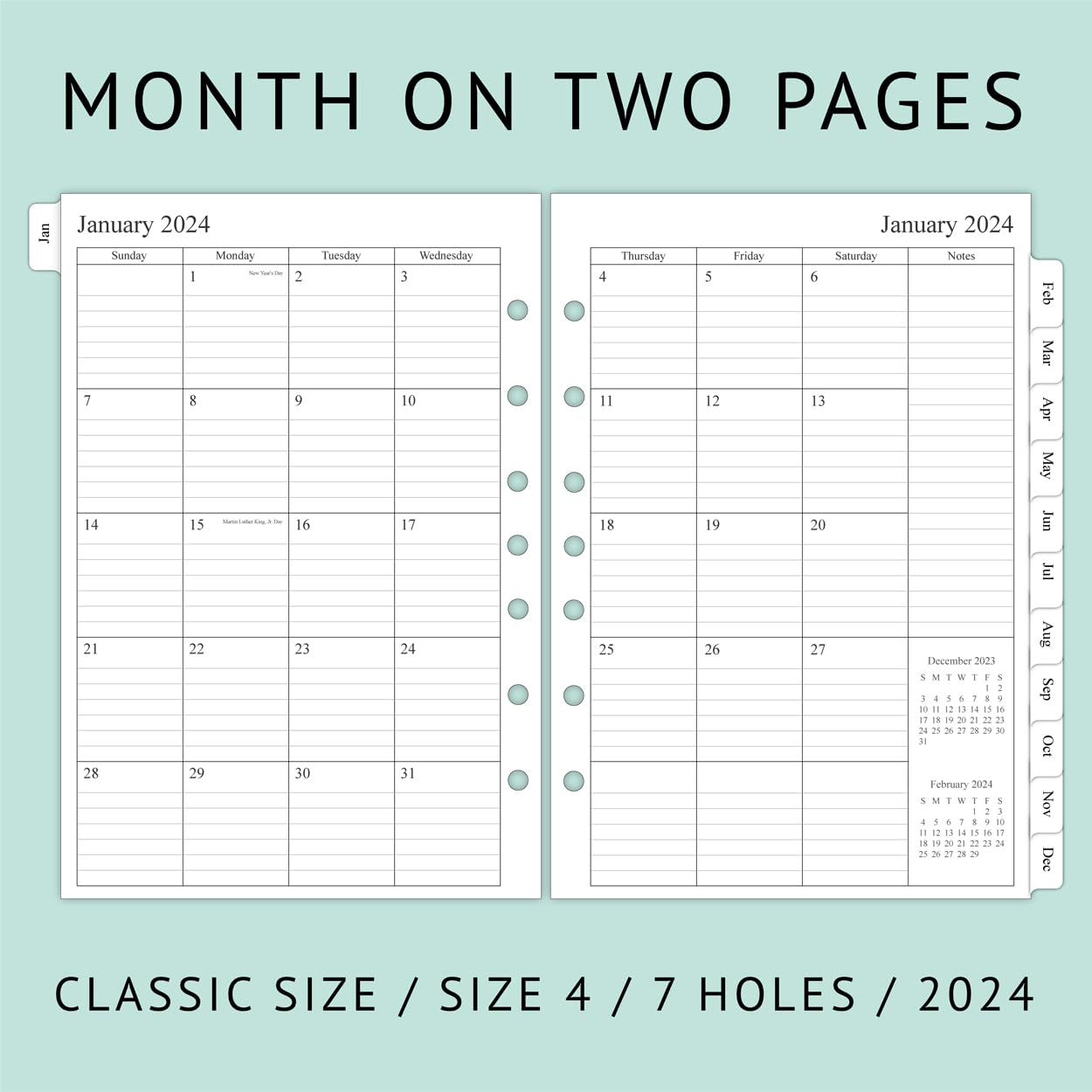 2024 Weekly & Monthly Planner Refill, 5-1/2" x 8-1/4", Runs from January 2024 to December 2024, Ruled Daily Boxes, Classic/Desk Size 4, 7-Hole Punched