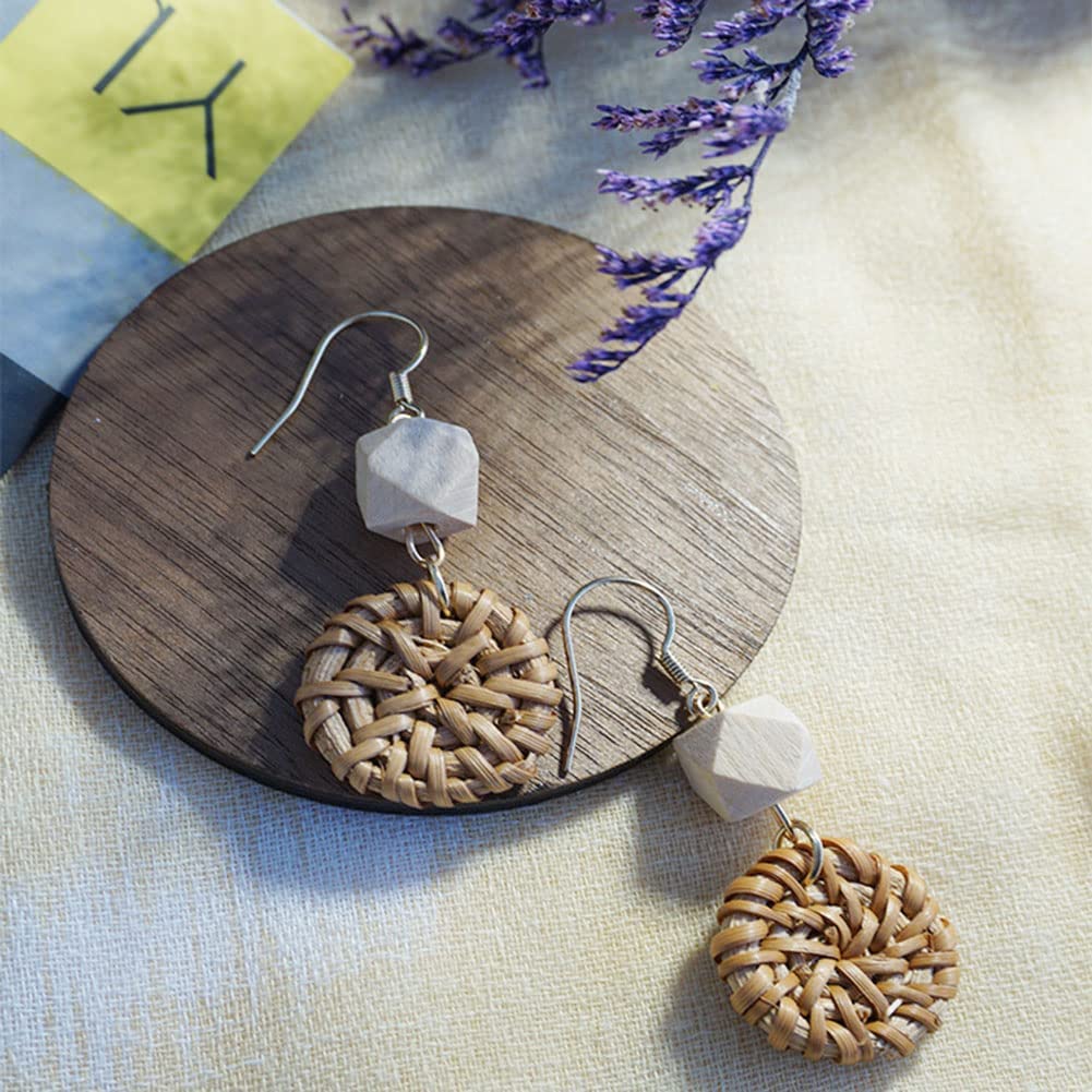 4 Pairs Geometric Rattan Earrings,Tassel Woven Bohemian Earrings for Women Girls Straw Braid Hoop Drop Dangle Earring
