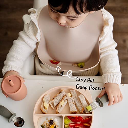 RAIN.B. Baby Silicone Bib Set of 2 - Adjustable Waterproof Baby Food Bibs with Food Catcher|Cherry Blush + Glacier Blue