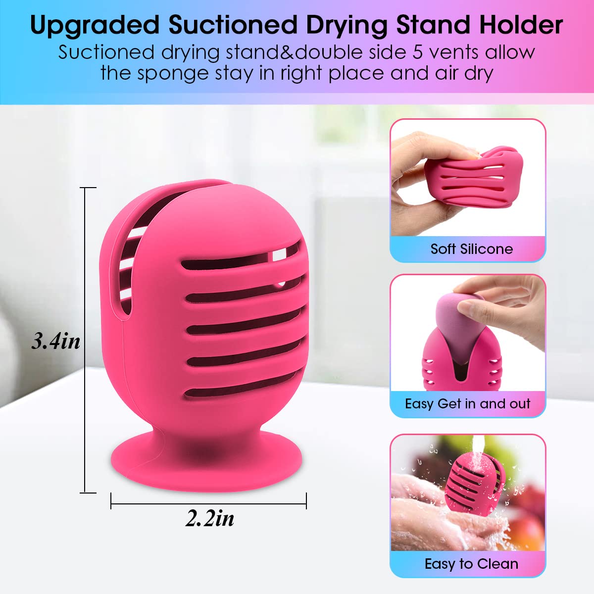 3Piece Makeup Sponge Holder,Silicone Beauty Blender Holder Case for Travel, Suctioned Drying Stand Makeup Sponges Protective Carrying Case Holders Organizer for Makeup-Rose Red,Blue,Purple