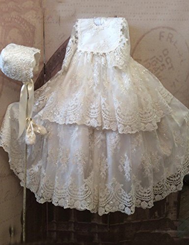 Aorme Ivory Lace Beading Christening Dresses for Girls Baptism Gowns with Bonnet
