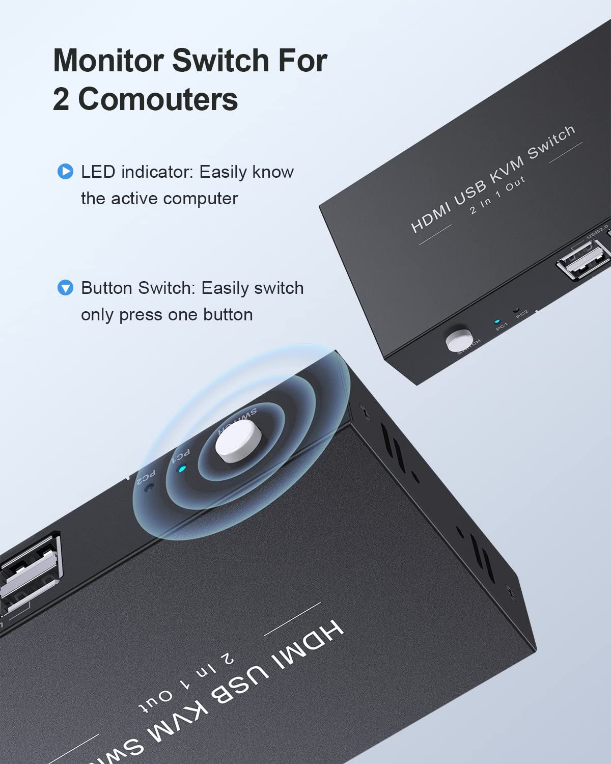 Rybozen KVM Switch HDMI 2 Port Box,USB Switch selector with 4 USB 2.0 Hub Share 2 Computers, UHD 4K@30Hz, Support Wireless Keyboard and Mouse, Powered by USB,with 2 HDMI and 2 USB Cables