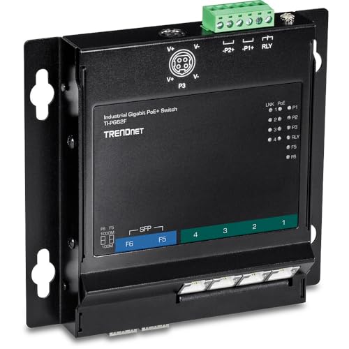 TRENDnet 6-Port Industrial Gigabit PoE+ Wall-Mounted Front Access Switch, TI-PG62F, 4 x Gigabit PoE+ Ports, 2 x Gigabit SFP Slots, DIN-Rail, Wall Mount Brackets Included, IP30, 120W PoE Budget