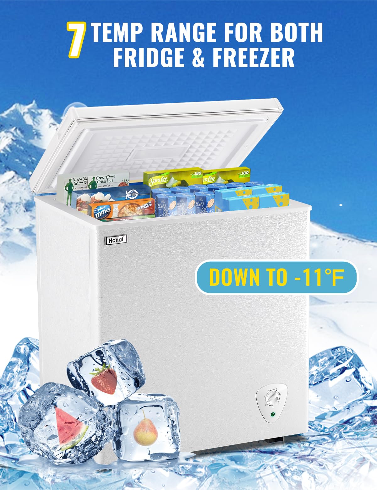 5.0 Cubic Feet Chest Freezer Small Deep Freezers with Removable Storage Basket Free Standing Top Door Compact Freezer 7 Gears Temperature Control for Office Dorm Apartment