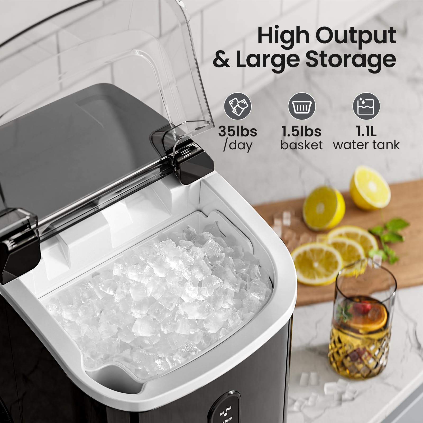 AGLUCKY Nugget Ice Makers Countertop,Portable Pebble Ice Maker Machine with Soft Chewable Ice,35Lbs/24H,One-Click Operation,Self-Cleaning,Crushed Ice Maker for Home/Kitchen(Stainless Steels Silver)