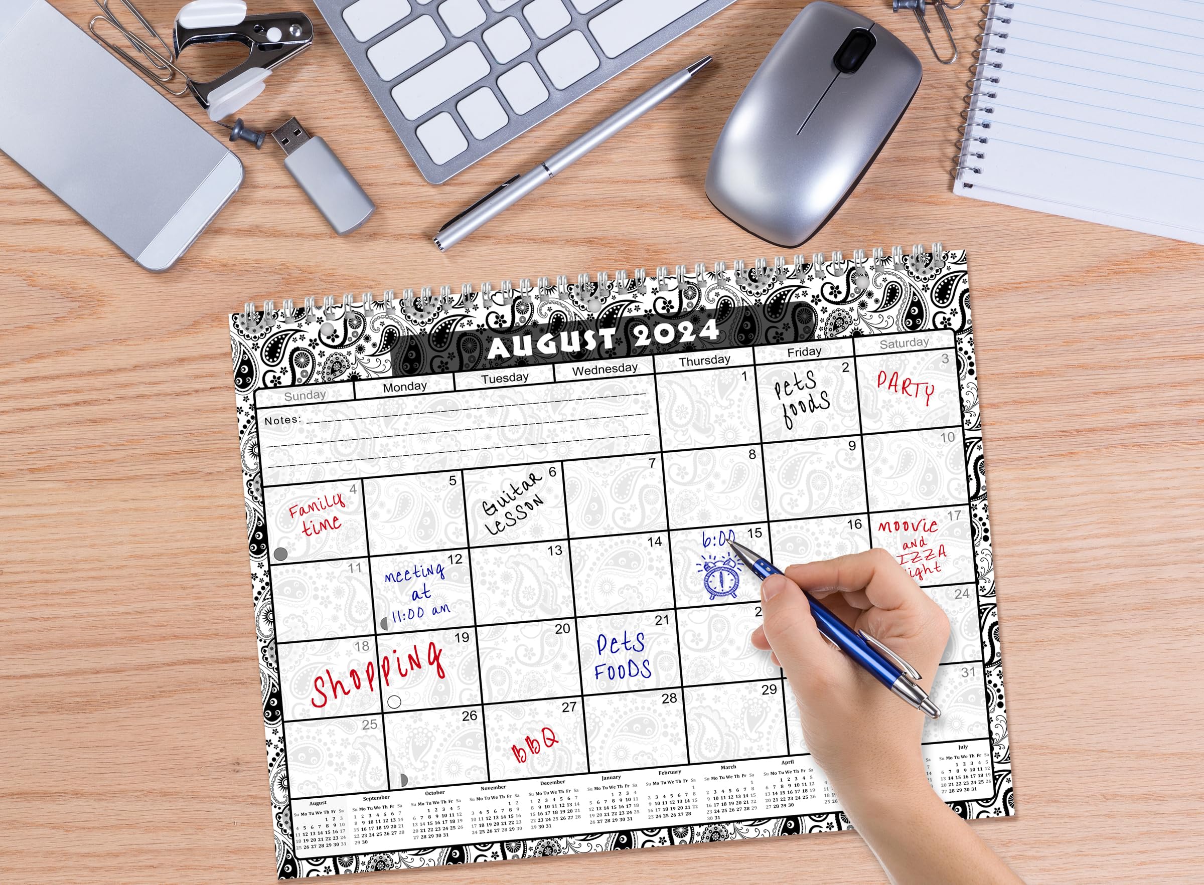 2024-2025 Academic Year 12 Months Student Calendar/Planner for Wall & Desk & 3-Ring Binder, for School, Teacher, Student (Black&White Paisley Edition #010)