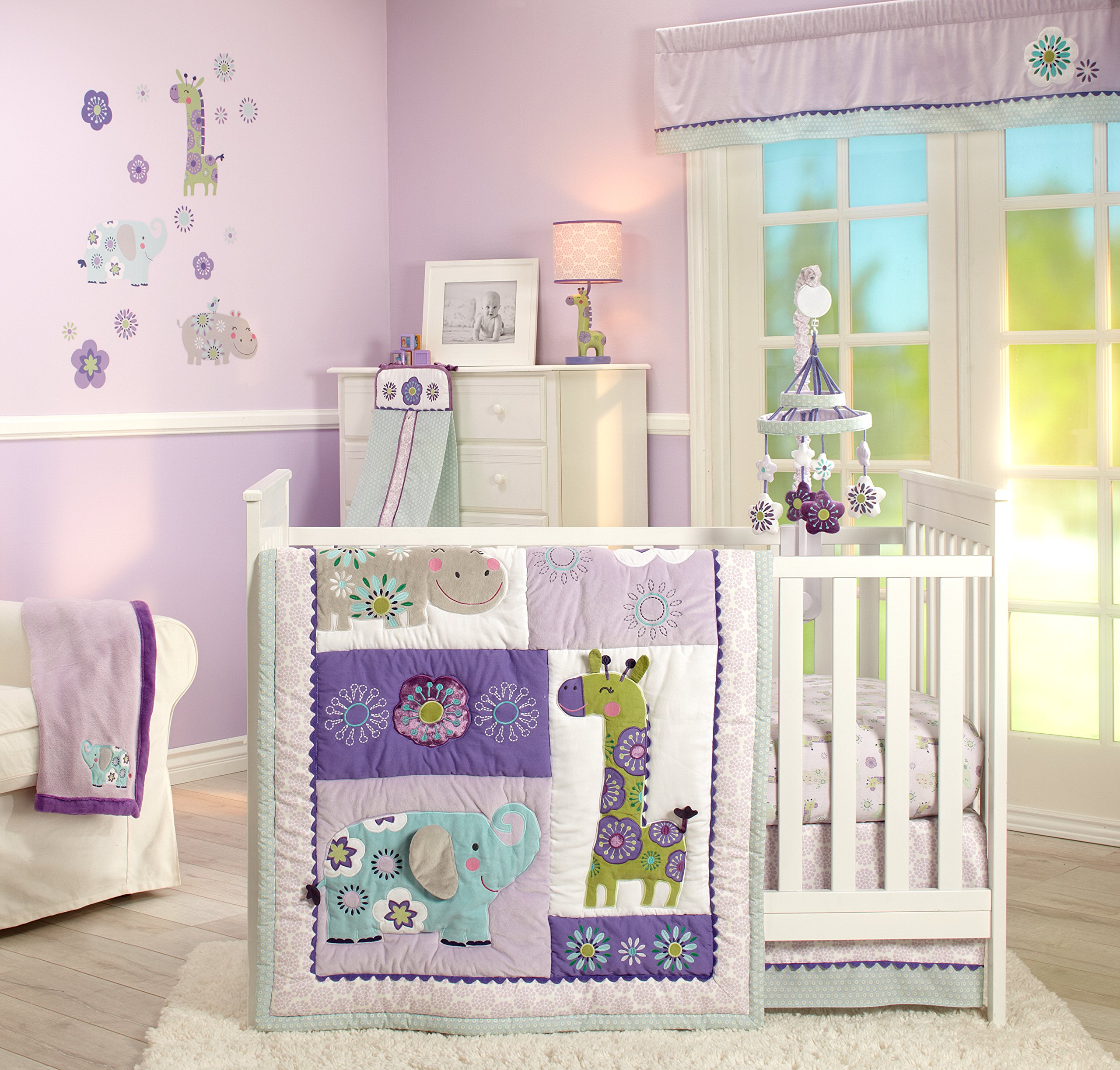 Carter's Zoo Jungle/Safari 4 Piece Nursery Crib Bedding Set, Lavender/Aqua/White