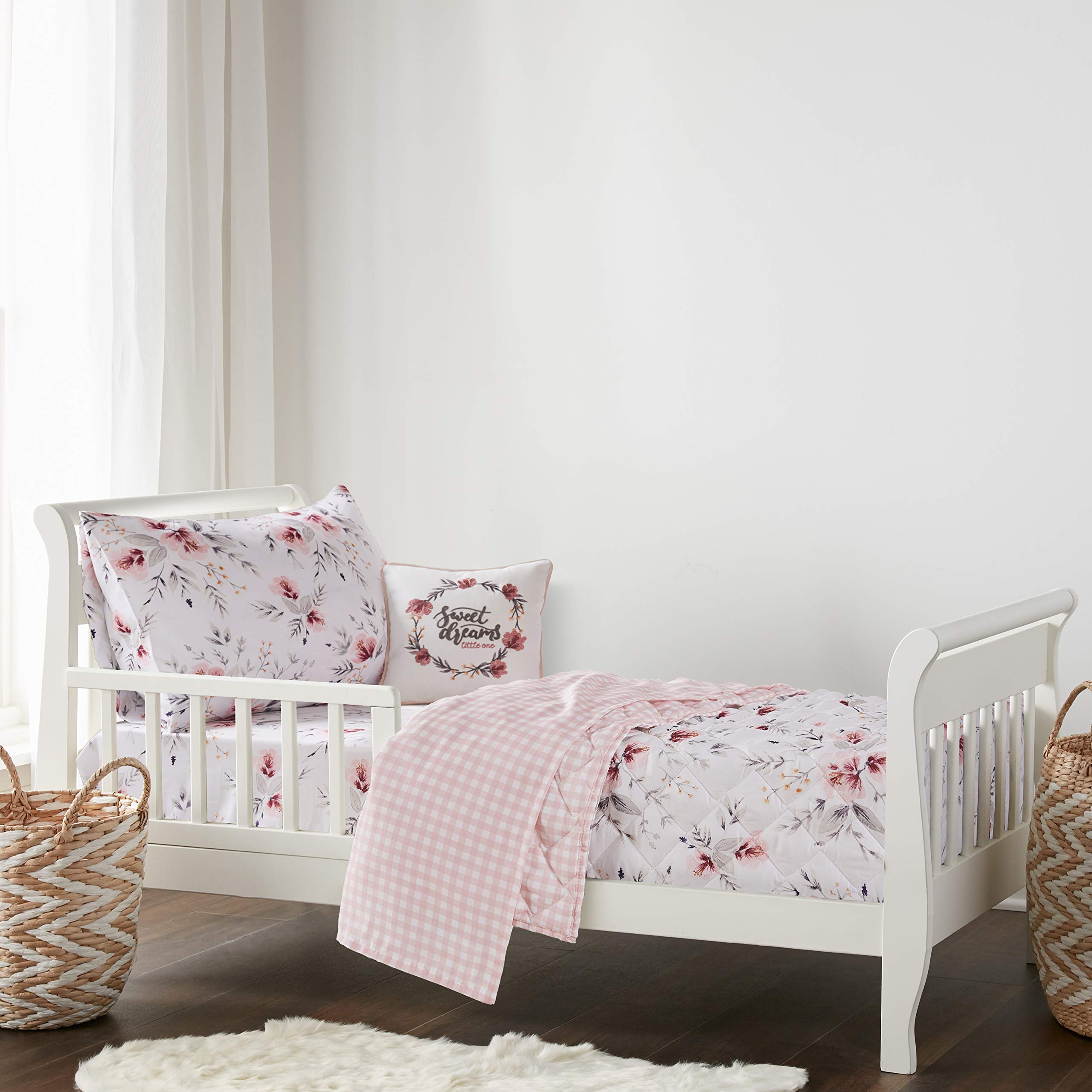 Levtex Baby - Adeline Toddler Bed Set - Blush, Pink, Grey and White - Classic Floral - 5 Piece Set Includes Reversible Quilt, Fitted Sheet, Flat Sheet, Pillow Case, Decorative Pilow