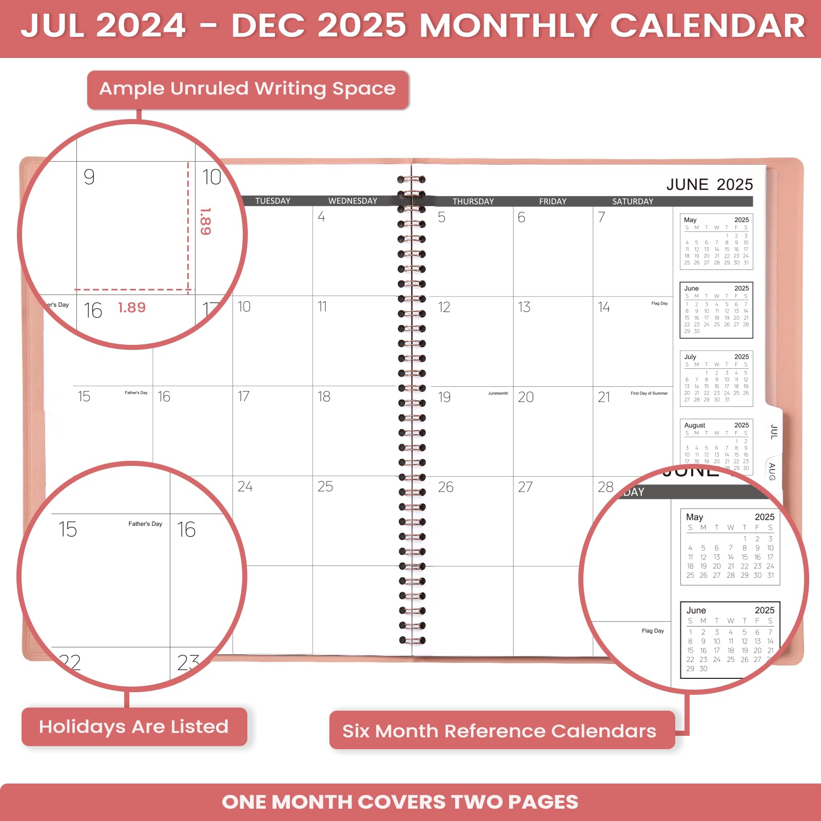 2024-2025 Monthly Planner - Monthly Calendar/Planner 2024-2025, JUL. 2024 - DEC. 2025, 9'' x 11'', 18 Monthly Planner Spiral Bound with Soft Leather Cover, 15 Note Pages, Monthly Tab, Inner Pocket