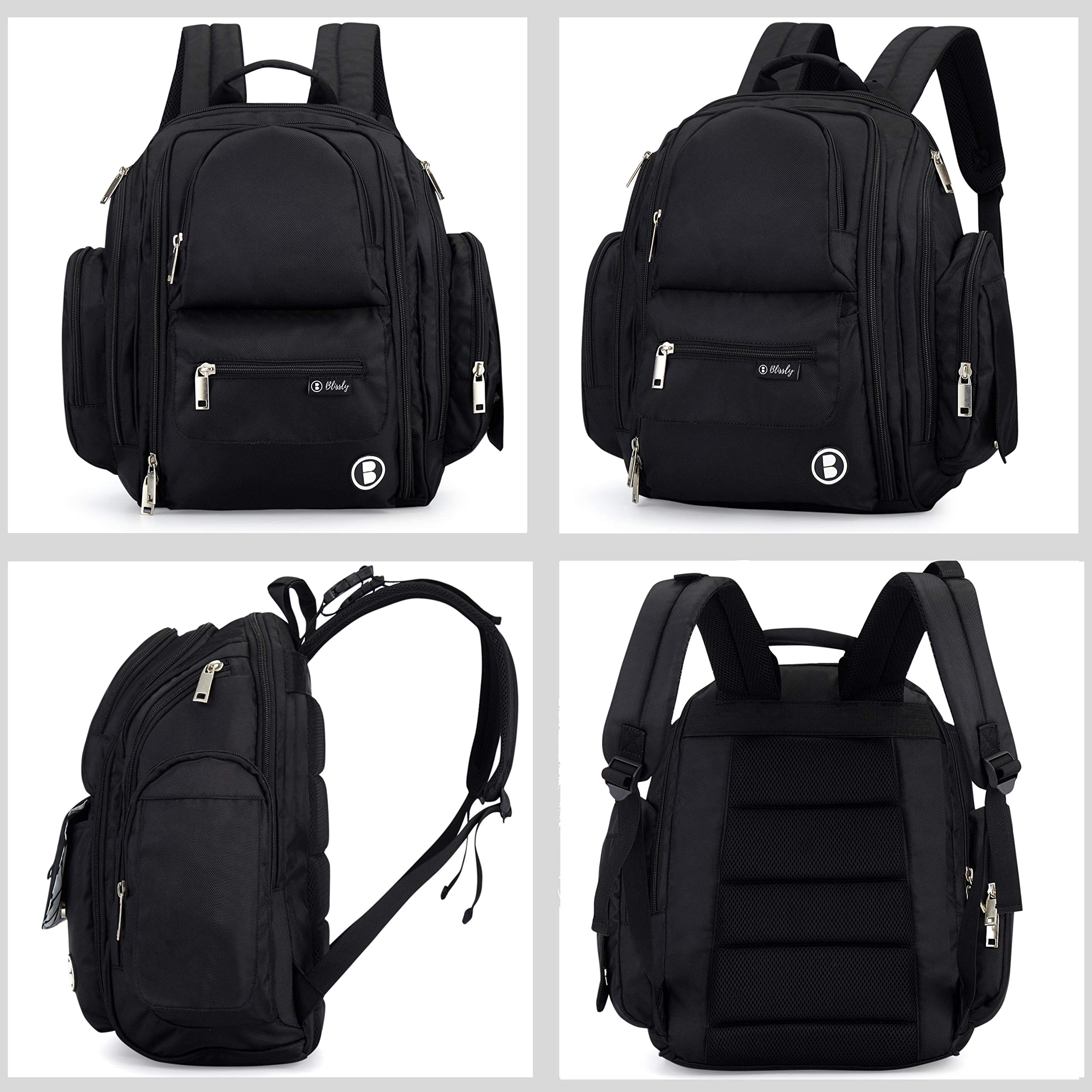 Diaper Bag backpack by Blissly for Baby Girls, Boys, Twins, Moms & Dads. 20 Total Pockets Including 4 Insulated Bottle Pockets, Wipe Pocket, Stroller Straps & Changing Pad