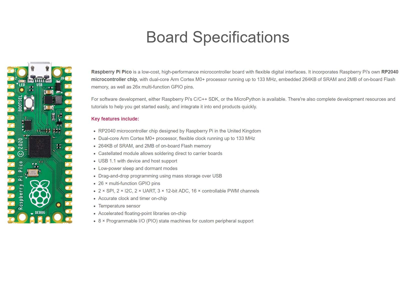 Raspberry Pi Pico Microcontroller Development Board Low-Cost, High-Performance,Based on RP2040 Chip, Dual-core Arm Cortex M0+ Processor,Flexible Clock Running up to 133 MHz