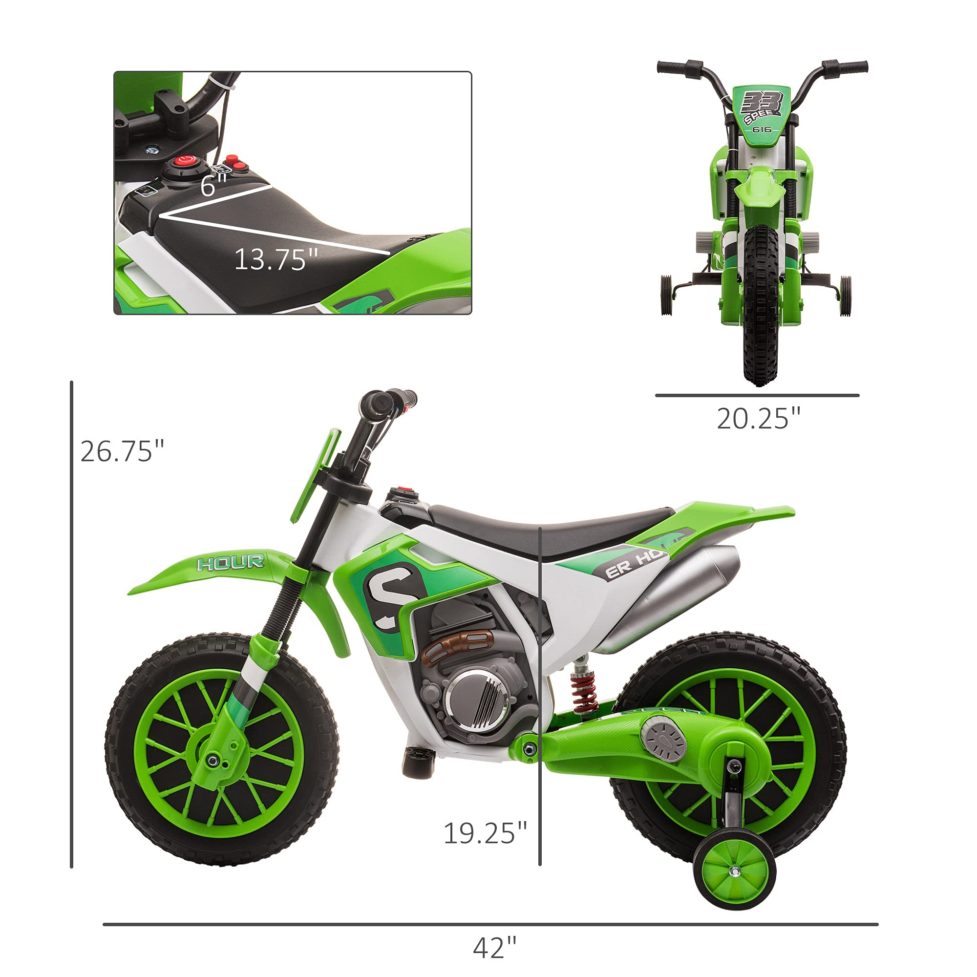 Aosom 12V Kids Motorcycle, Electric Motor Bike, Battery-Powered Ride-On Toy with Charging Battery, Training Wheels, Green