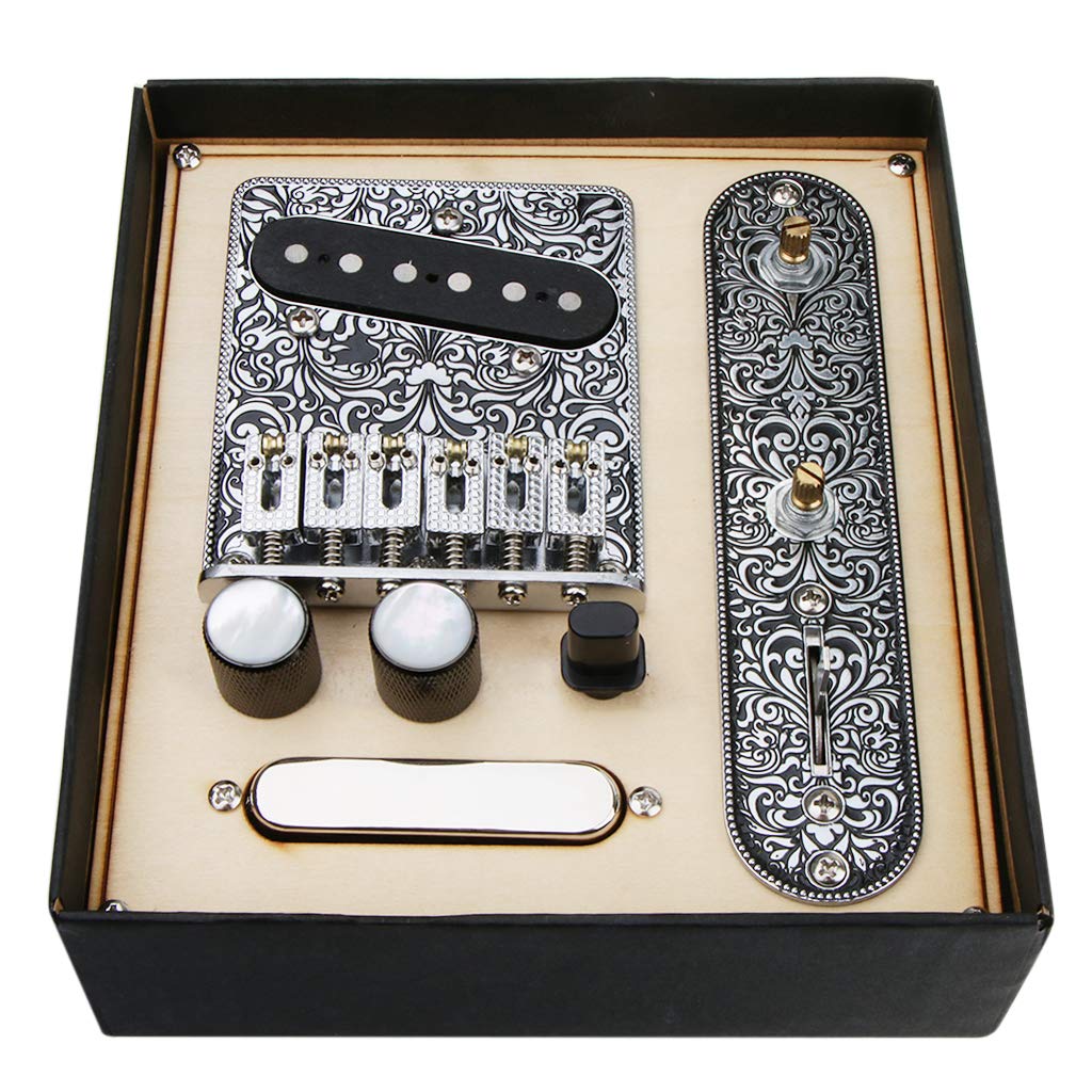Alnicov 6 Strings Saddle Bridge Plate, 3 Way Switch Control Plate, Neck Pickup Set for Fender Telecaster Electric Guitars Replacement Parts (Black)
