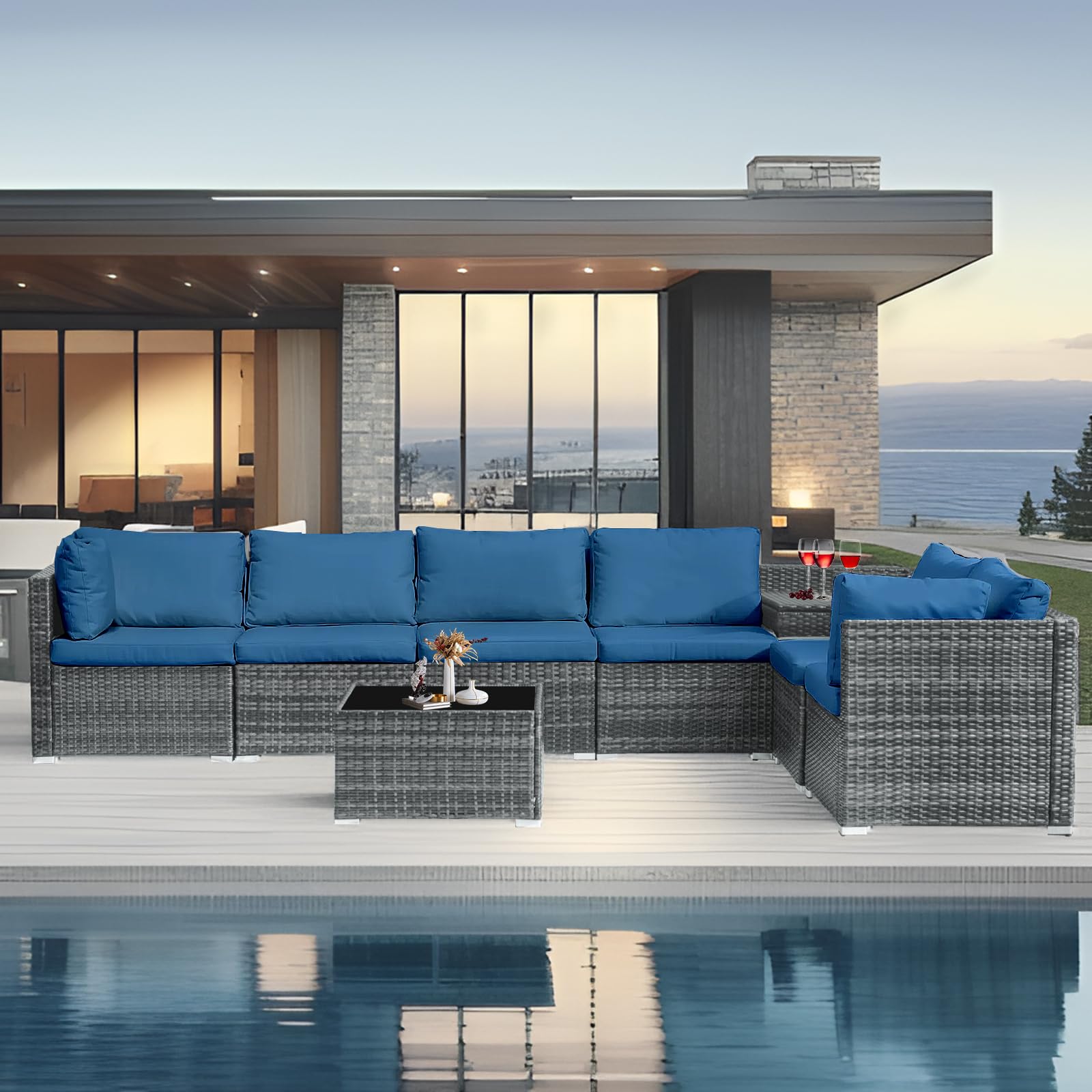 8-Piece Outdoor Wicker Patio Furniture Set with Soft Cushions,Storage Space and Coffee Table for Poolside,Garden,Backyard. (Gray Rattan Blue Cushion)