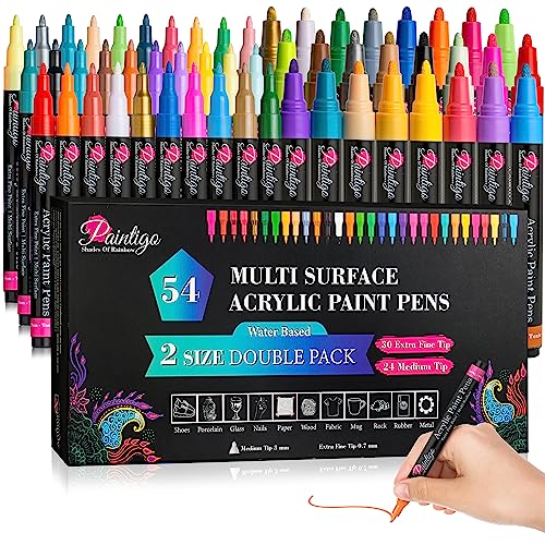 54 Colors Paint Pens Paint Markers, Acrylic Paint Pens For Rock Painting, Canvas, Wood, Glass, Ceramic, Fabric, acrylic paint markers for craft Supplies Set, 30 Extra Fine 0.7mm and 24 Medium 3mm tip