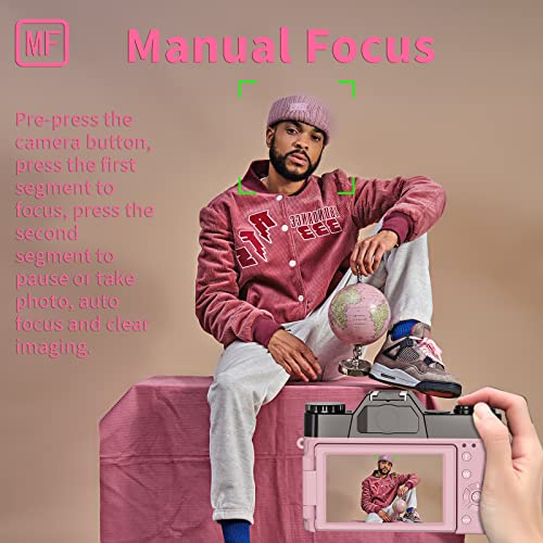 Digital Camera for Photography VJIANGER 4K 48MP Vlogging Camera for YouTube with WiFi, 16X Digital Zoom, 52mm Wide Angle & Macro Lens, 2 Batteries, 32GB TF Card(W02-Pink31)