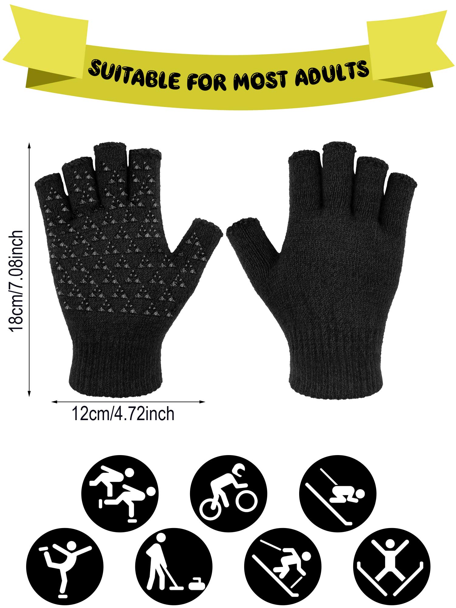 4 Pairs Unisex Winter Half Finger Knit Gloves Stretchy Non-Slip Winter Warm Knitted Fingerless Gloves (Black)