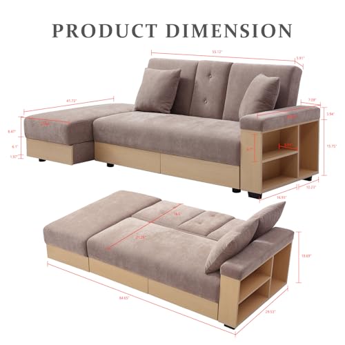 85" Convertible Sleeper Sofa Couch,Sleeper Sofa Bed with Storage and 2 Storage Drawer,Multifunctional Double Folding Sofa Bed,Drop Down Table with 2 Cup Holders,L-Shaped Sectional Sofa,Light Brown