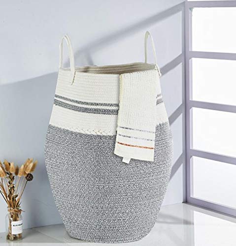 Laundry Basket Woven Cotton Rope Large Clothes Hamper 16" D x 25" H, Tall Basket with Extended Cotton Handles for Storage Clothes Toys in Bedroom, Bathroom, Foldable White and Gray by Gecious