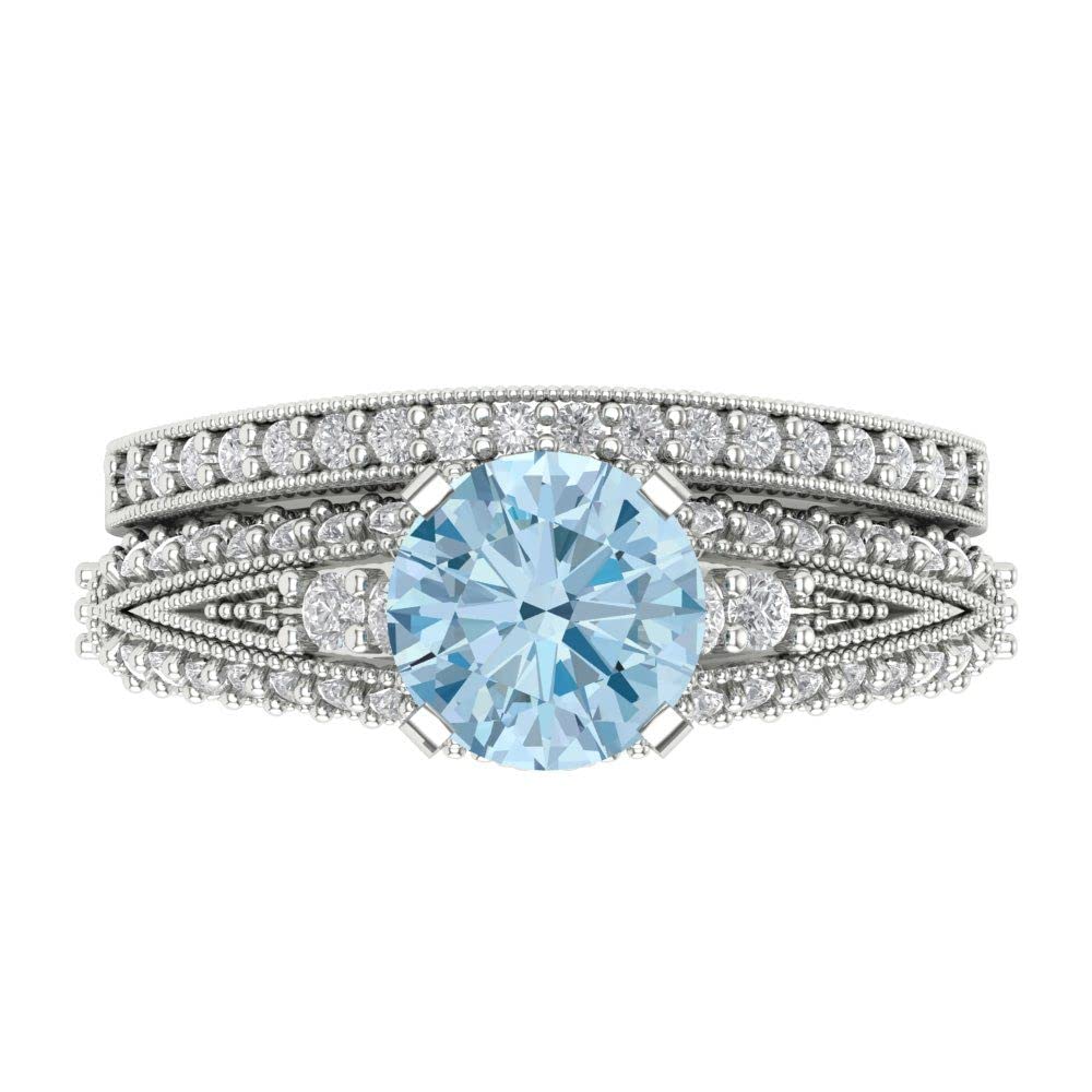 2.07ct Round Cut Pave Solitaire with Accent Natural Swiss Blue Topaz Designer Classic Ring Band Set 18k White Gold Size 5.5