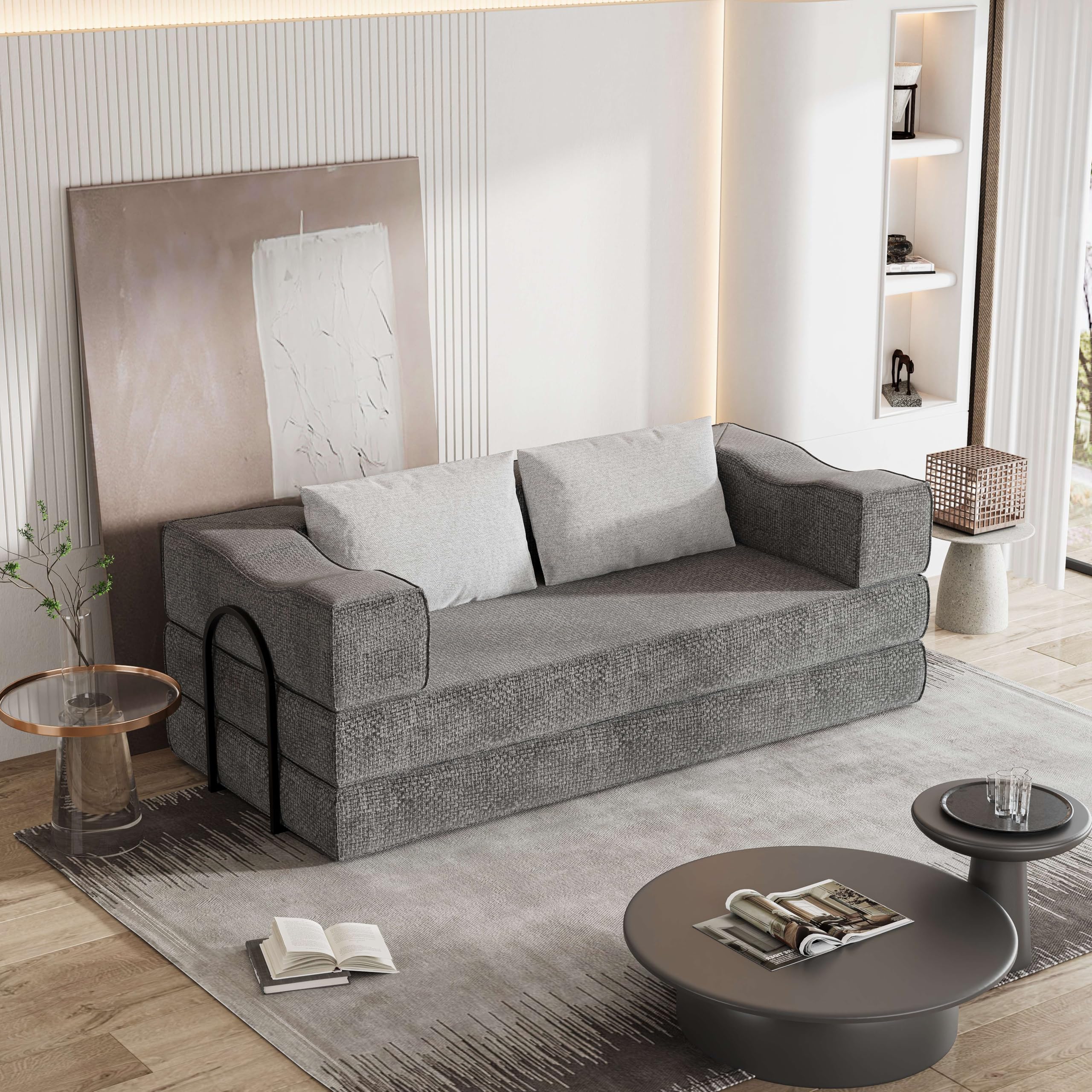 80" Folding Floor Sofa Bed Modular Futon Couch Bed with 2 Pillows 3-Seat Folding Sleeper Sofa&King Size Bed Mattress,DIY Combination Convertible Chenille Sofa Bed for Living Room Apartment (Grey)
