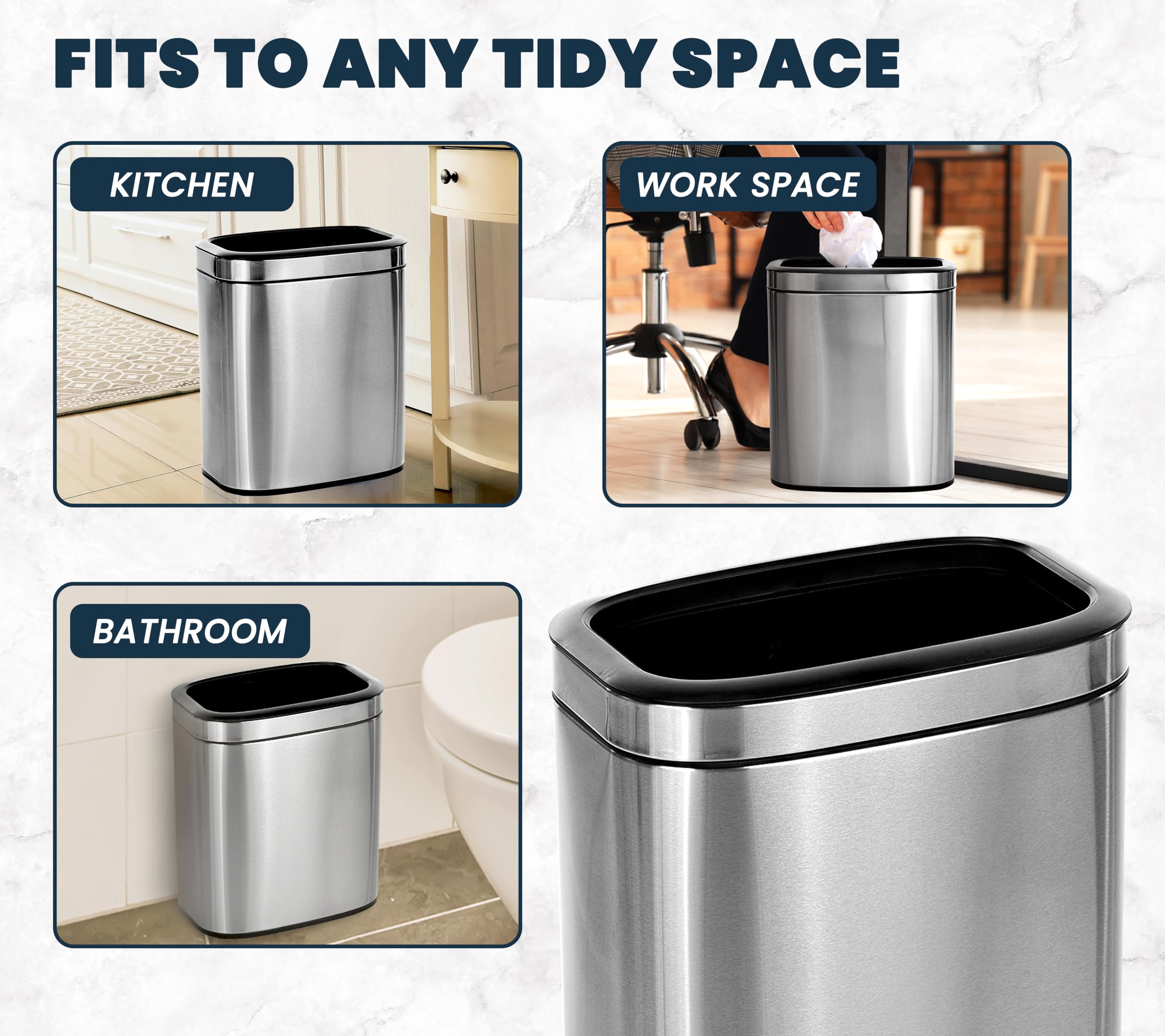 Alpine 20 Liter /5 Gallon Trash Can Open Top - Slim Stainless Steel Trash Can No Lid, Modern Silver Metal Wastebasket, Narrow Trash Can with Removable Trash Bin for Office Desk, Kitchen, Bathroom