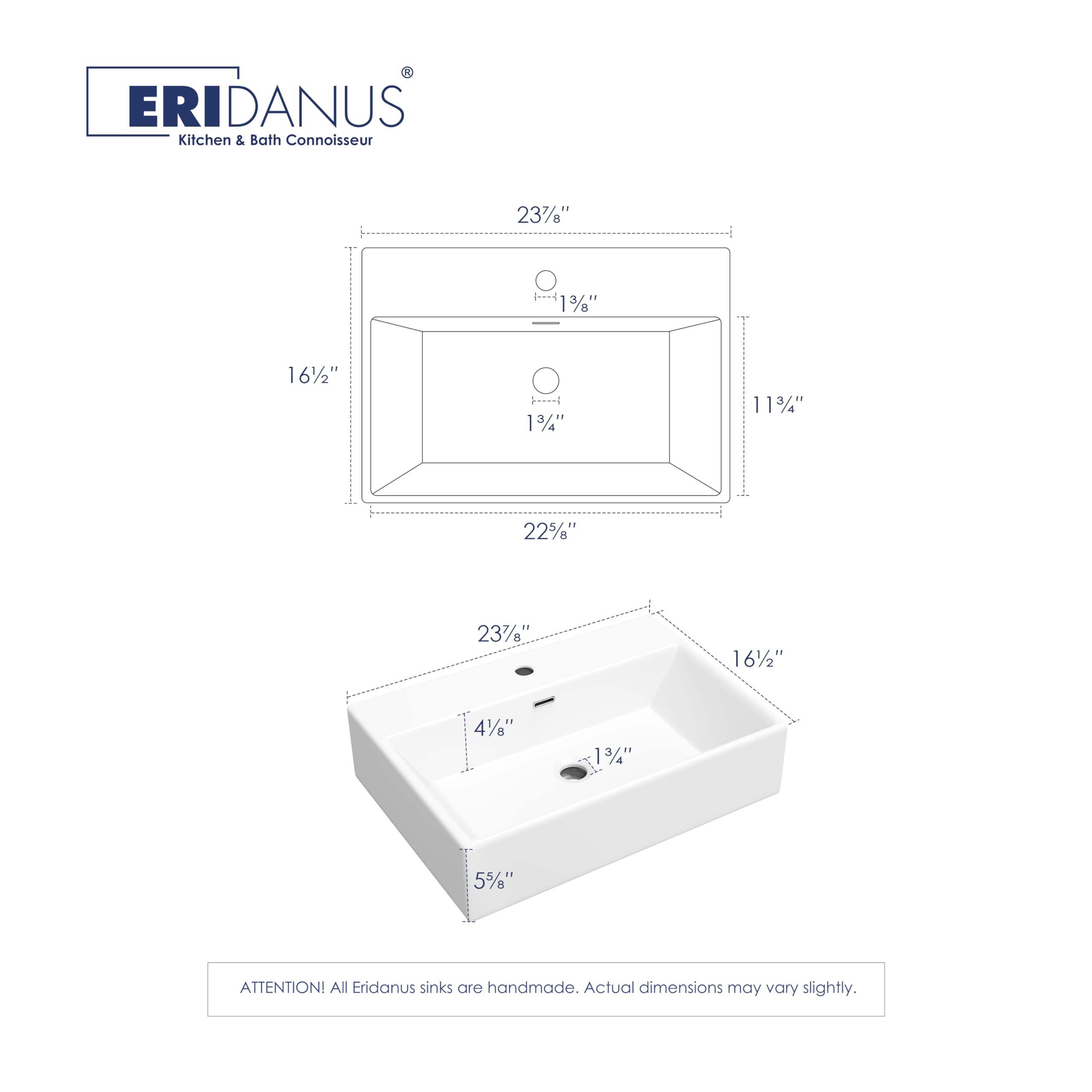 24" x 16" Bathroom Sink Vessel Rectangle, Eridanus Hang Wall Mount Sinks Countertop Vanity Floating Trough Washbasin, Ceramic Porcelain Modern White Art Basin Bowl with Overflow