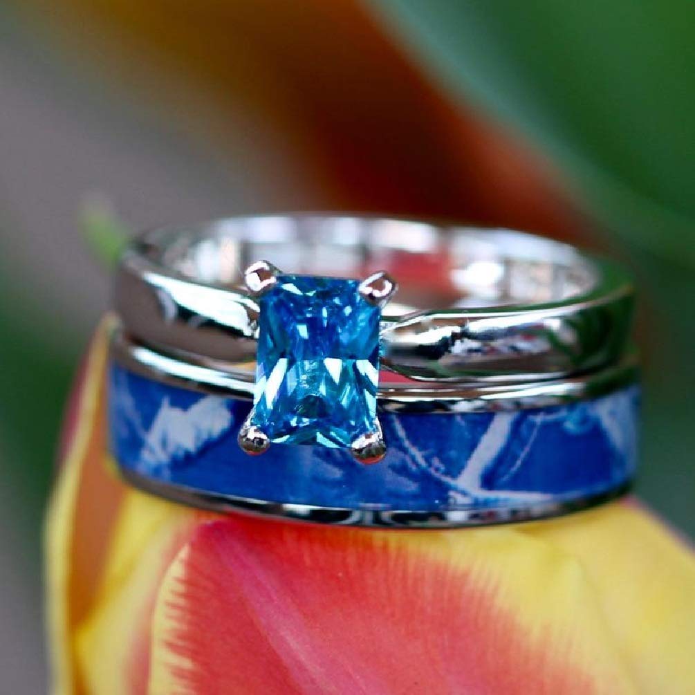 2 pc Womens Blue Camo Stainless Steel and Sterling Silver Engagement Wedding Rings Set (10)