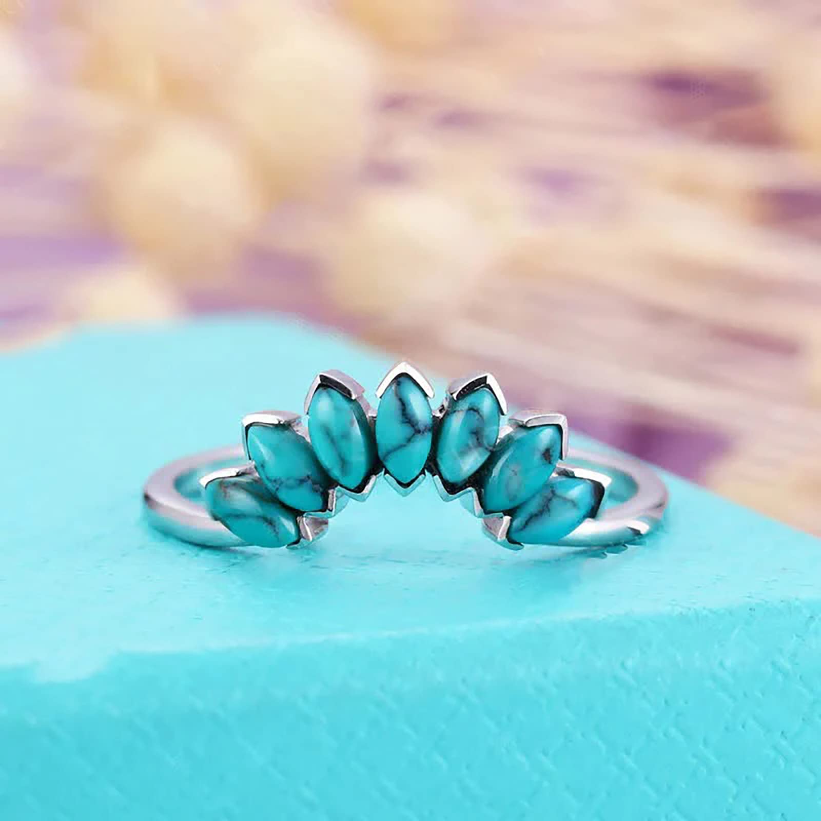 2PC Women Shining White Crystal Water Drop Shape Ring,Turquoise Ring Promise Rings Engagement Wedding Band Ring Sets